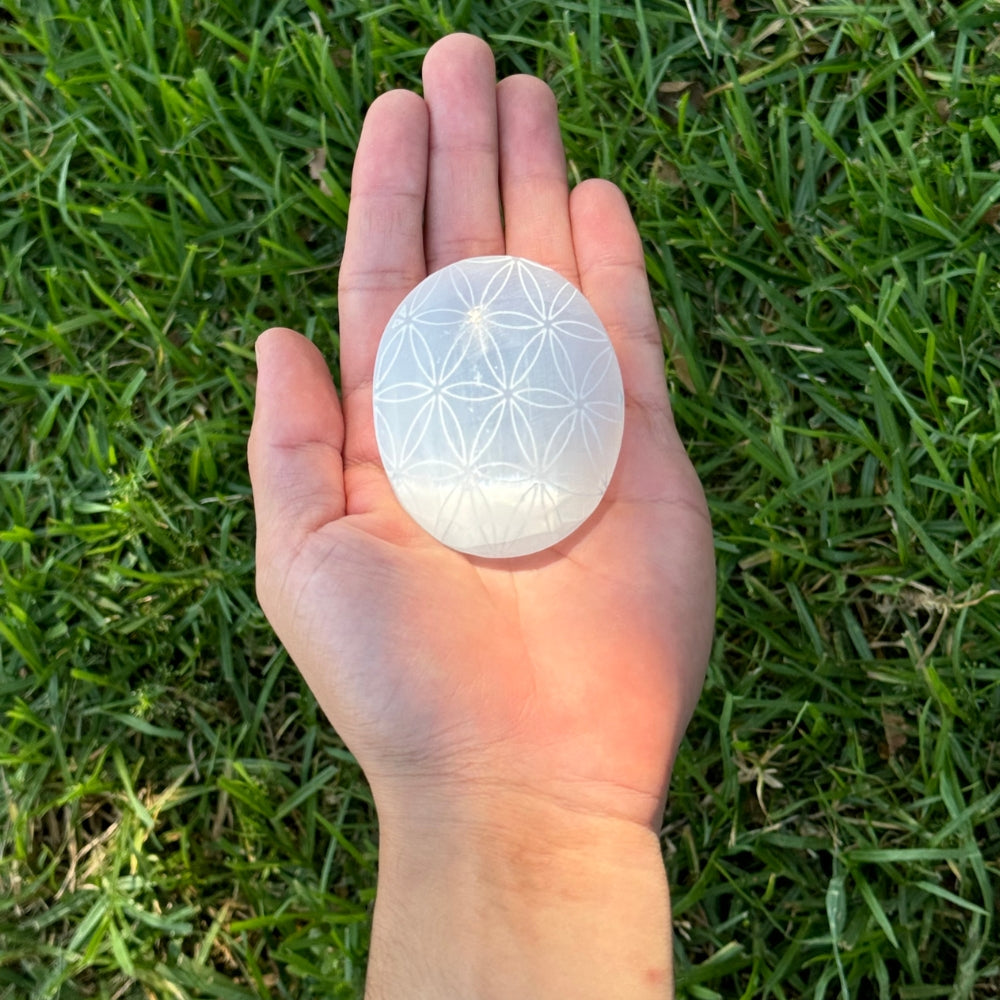 Selenite Flower of Life Palmstone | Earths Elements
